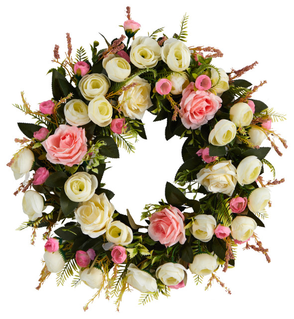 20" White and Pink Rose Artificial Wreath - Modern - Wreaths And ...
