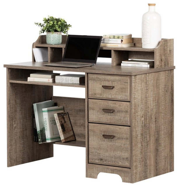 Bowery Hill Wood 3-Drawer Computer Desk with Hutch in Weathered Oak ...