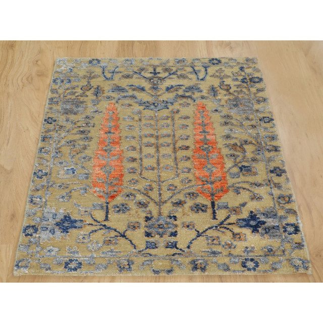 Cypress Tree Design Silk With Textured Wool Hand Knotted Oriental Rug ...