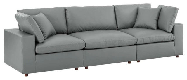 Milan Gray Down Filled Overstuffed Vegan Leather 3, Seater Sofa ...