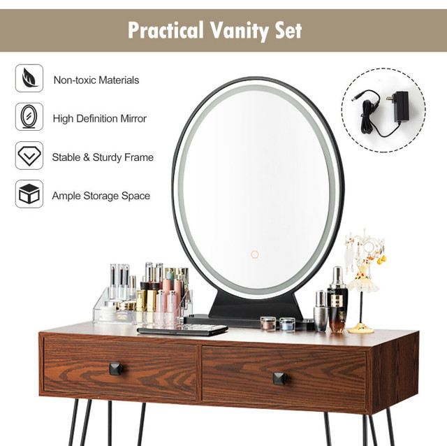 Retro Rustic Vanity Set, Round Mirror & LED Lights With Touch Switch ...