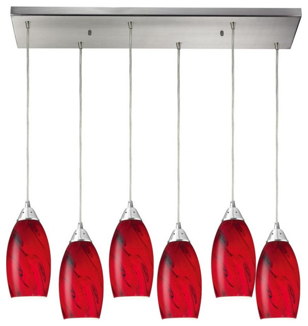 Six Light Rectangular Pendant-Satin Nickel Finish-Red Glass Color ...