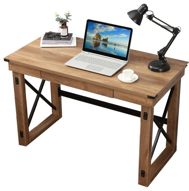 Sturdy Rustic Modern Computer Table, Wood & Metal Desk with Drawer ...