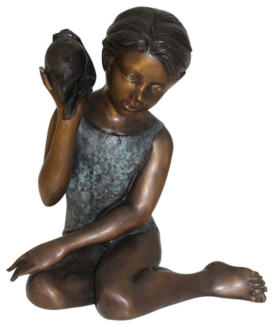 17" Girl listening To A Shell Fountain Statue - Beach Style ...