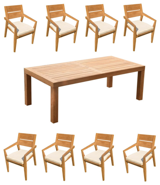 9-Piece Outdoor Teak Dining Set: 86" Rectangle Table, 8 Celo Stacking Arm Chairs - Transitional ...