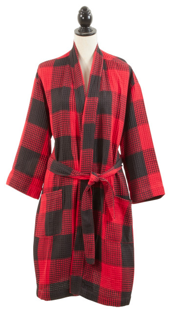 Buffalo Plaid Bath Robe With Waffle Weave Design - Modern - Bathrobes ...