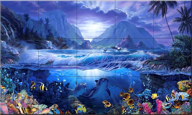Tile Mural Bathroom Backsplash - Dolphins Playground, 18" W x 12" H on ...