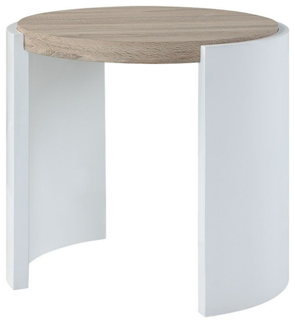 Round Wooden End Table, High Glos White and Oak - Scandinavian - Side ...