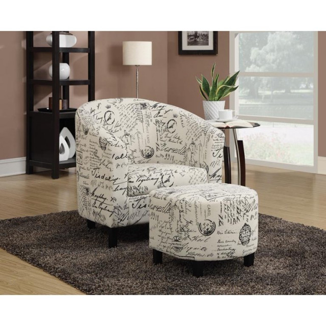 Off-White Upholstered Barrel Accent Chair and Ottoman with French ...