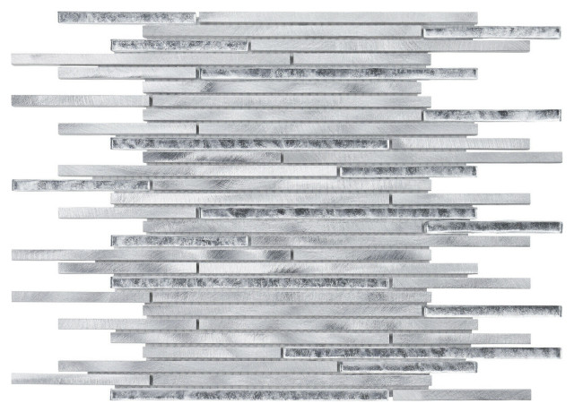 Modket Aluminum Metal Silver Foil Infused Glass Mosaic Tile Backsplash ...