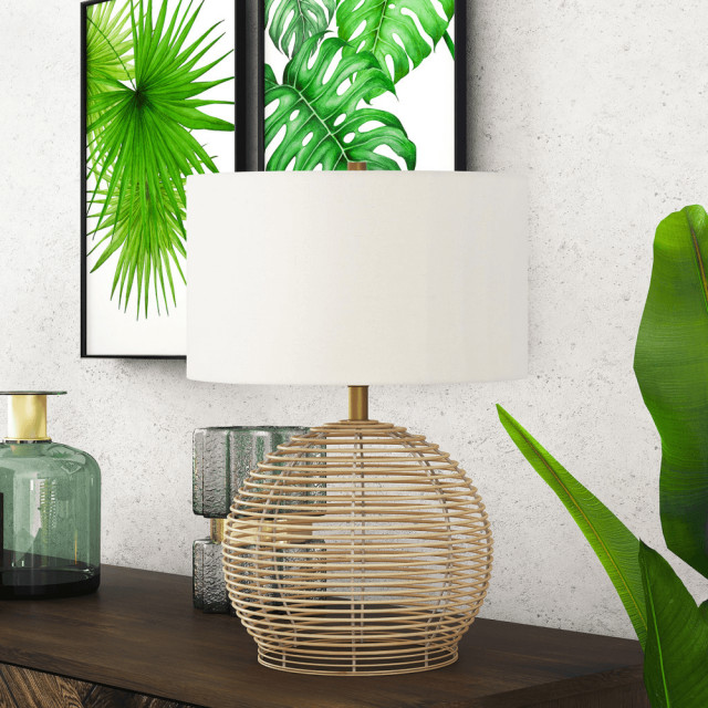 21" Natural Rattan Table Lamp With White Drum Shade - Tropical - Table ...