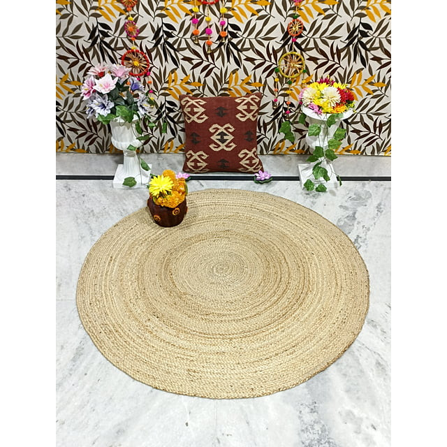 Handmade Natural Jute Round Rug, Braided Farmhouse Style, Reversible ...