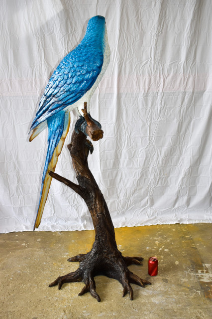 Giant Blue and White Parrot Standing on A Tree Bronze Statue 30" x 24 ...