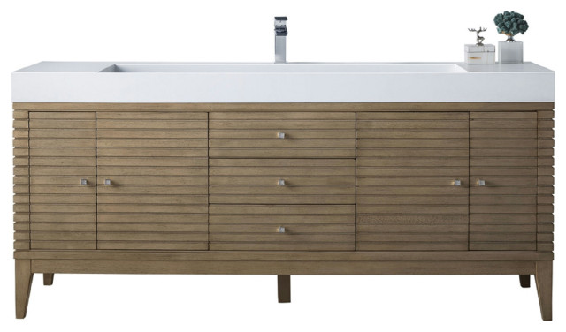 Linear 72" Single Vanity Whitewashed Walnut, Glossy White Composite Top ...