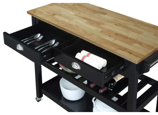 Classic Kitchen Cart, Butcher Block Top & Drawers With Curved Pulls ...