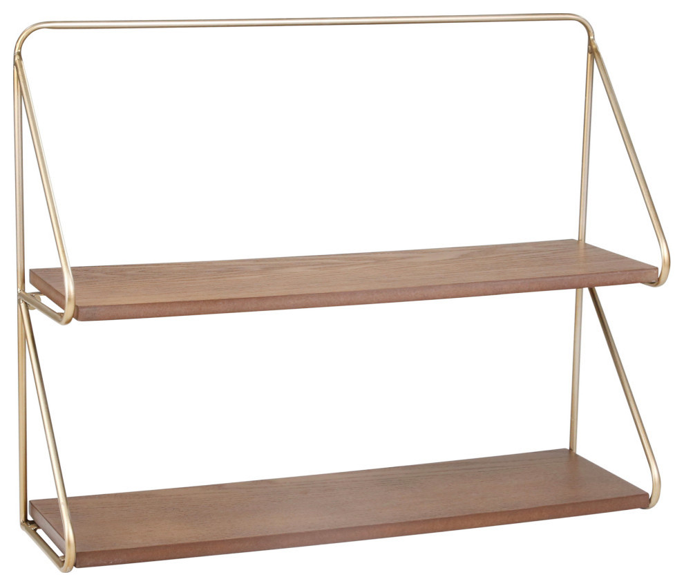 Metal and Wood 20" 2 Tier Wall Shelf, Gold - Contemporary - Display And ...