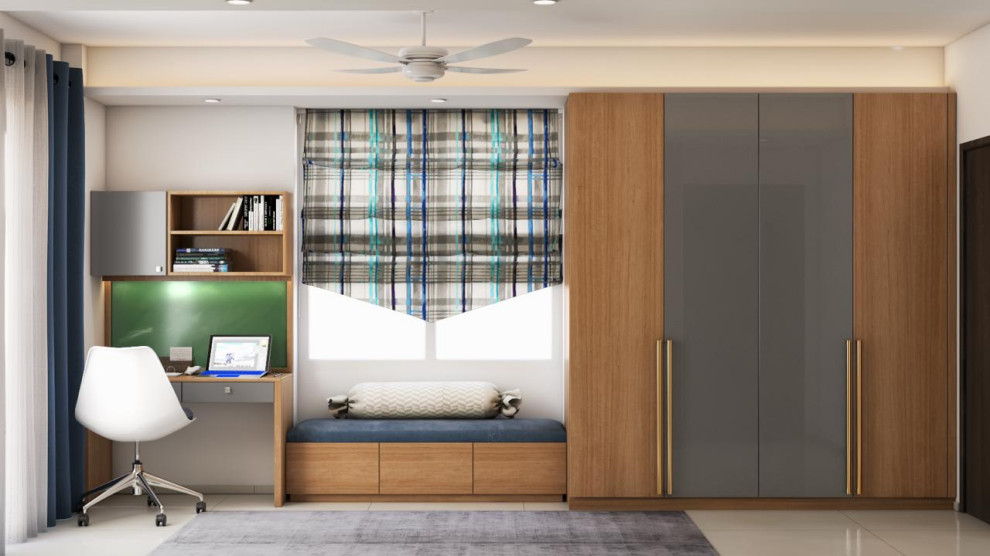 Master bedroom bay window with study and dual tone wardrobe - Modern ...