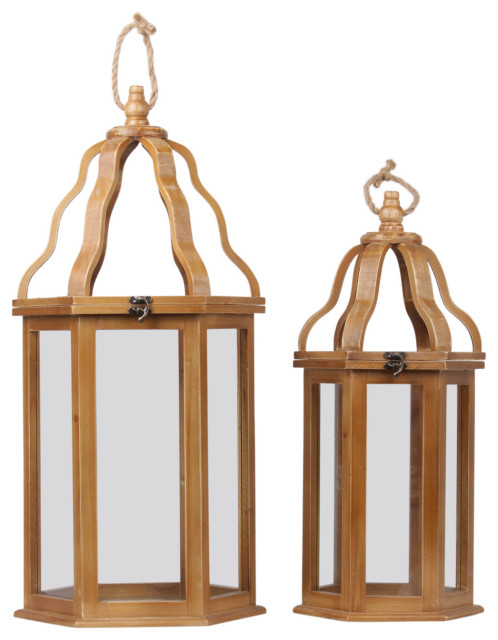Wooden Pentagon Lantern with Finial Open Top and Rope Handle, Brown ...