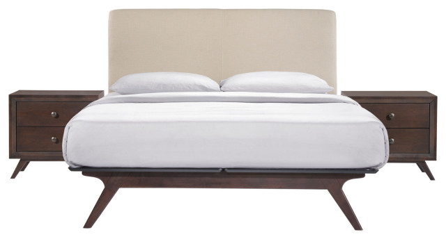 Tracy 3-Piece Queen Upholstered Fabric Wood Bedroom Set - Midcentury ...