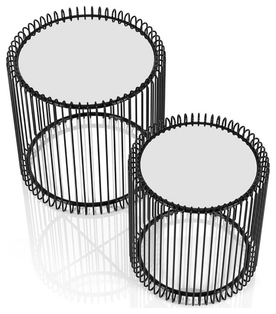 Set of 2 End Table, Elongated C-Shaped Wire Support & Mirrored Round ...