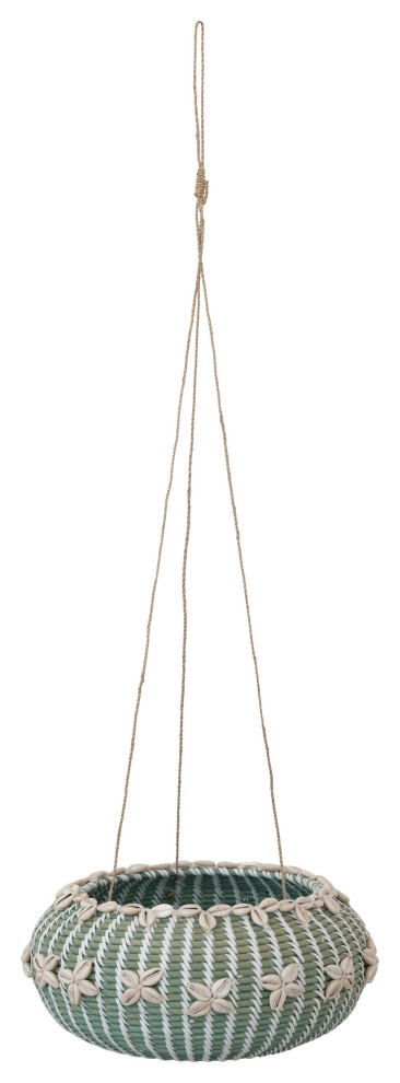 Hanging Handwoven Rattan Planter with Shells and Jute Hanger, Aqua ...