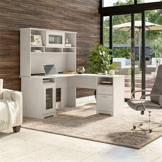 Pemberly Row L Shaped Computer Desk with Hutch in White Oak ...