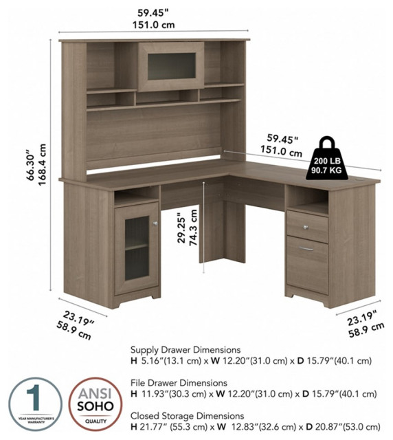 Pemberly Row 60W L Shaped Computer Desk with Hutch in Ash Gray ...