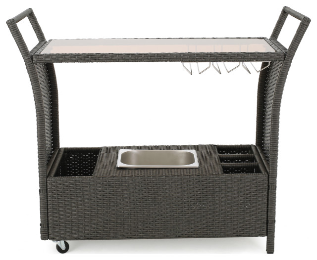 Mystique Outdoor Wicker Bar Cart with Tempered Glass Top - Tropical ...