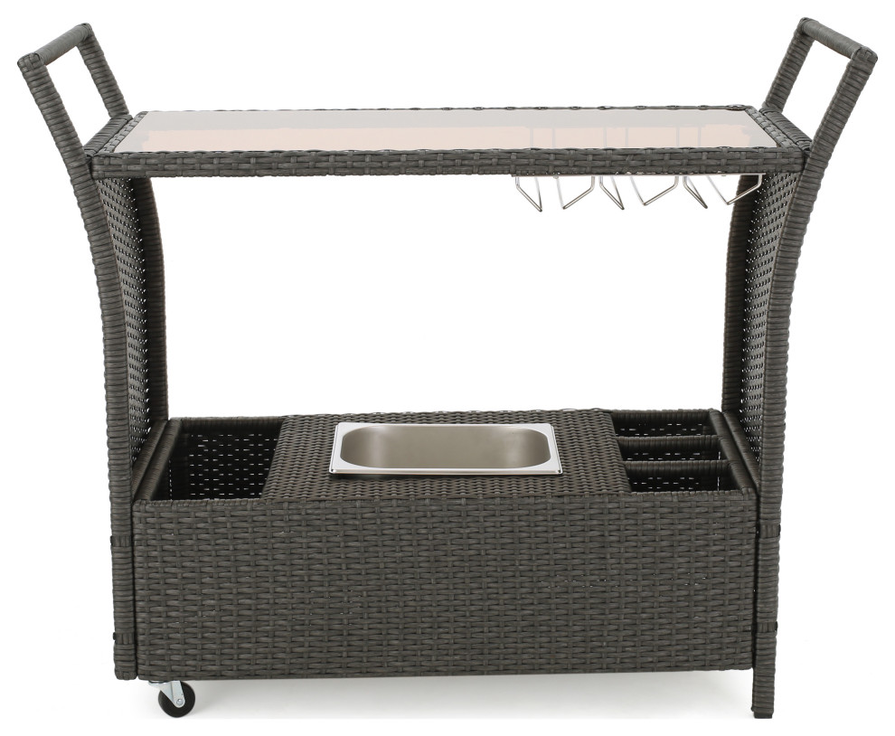 Mystique Outdoor Wicker Bar Cart with Tempered Glass Top - Tropical ...