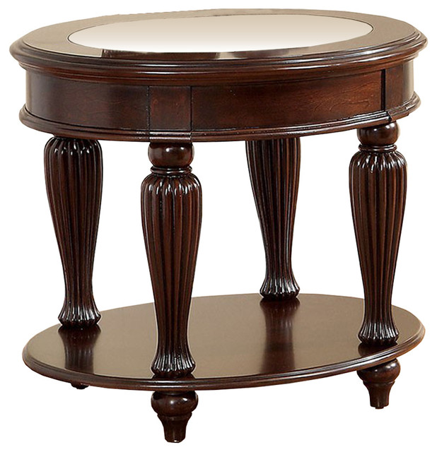 Round Wooden End Table With Ribbed Pillar Legs, Brown - Traditional ...