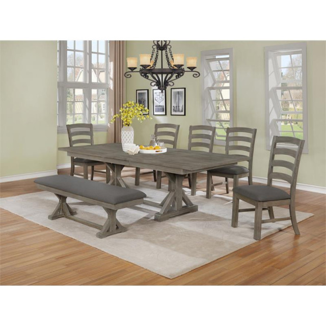 7pc Rustic Gray Brown Wood Dining Set with Gray Linen Bench and Chairs ...