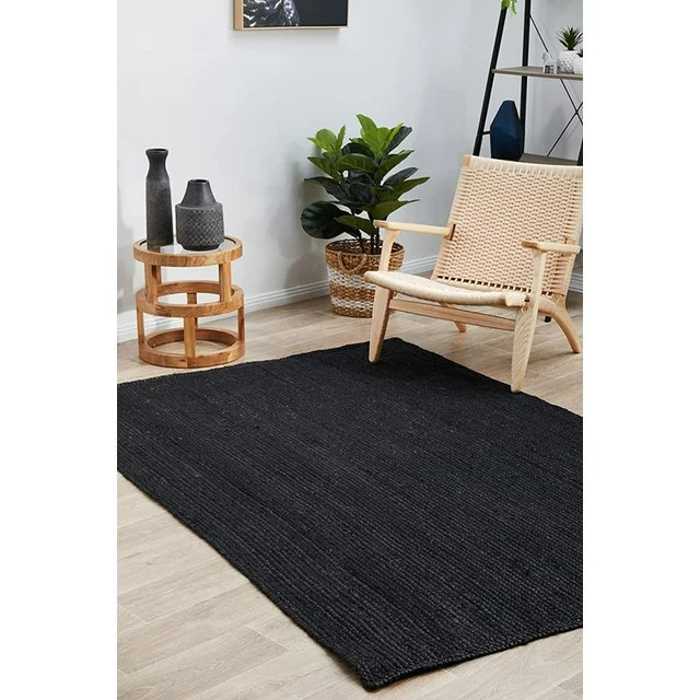 Hand-Woven Black Farmhouse Jute Area Rug with Bohemian Braided Design ...
