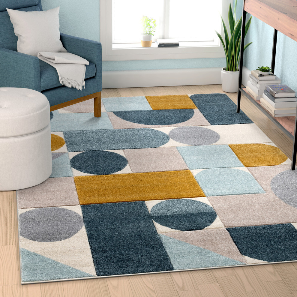 Well Woven Ruby Dede Midcentury Modern Geometric Patterned Blue Rug, 7 ...