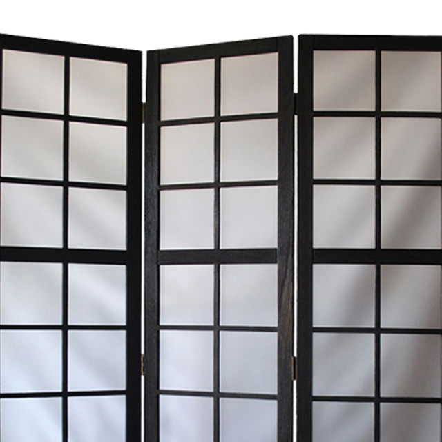 3 Panel Room Divider with Frosted Glass Like Plastic Inserts, Black and ...