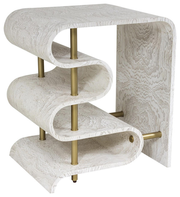 Ribbon Modern Side Table, White Burl Finish End Table, Gold Brass Legs ...
