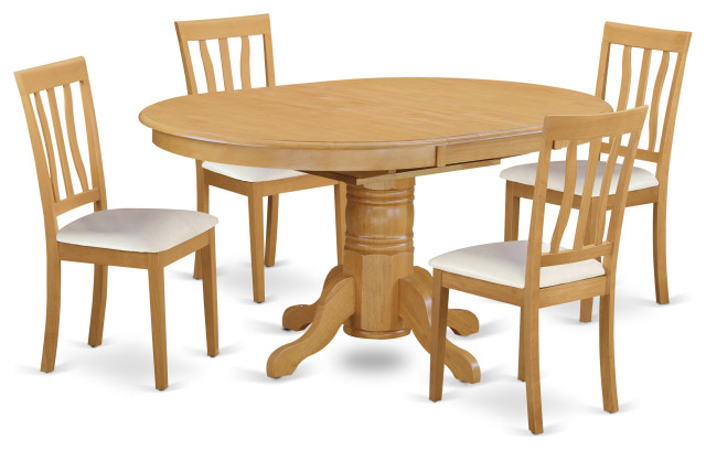 Avat5-Oak-Lc, 5-Piece Dinette Table With Leaf and 4 Faux Leather Chairs ...