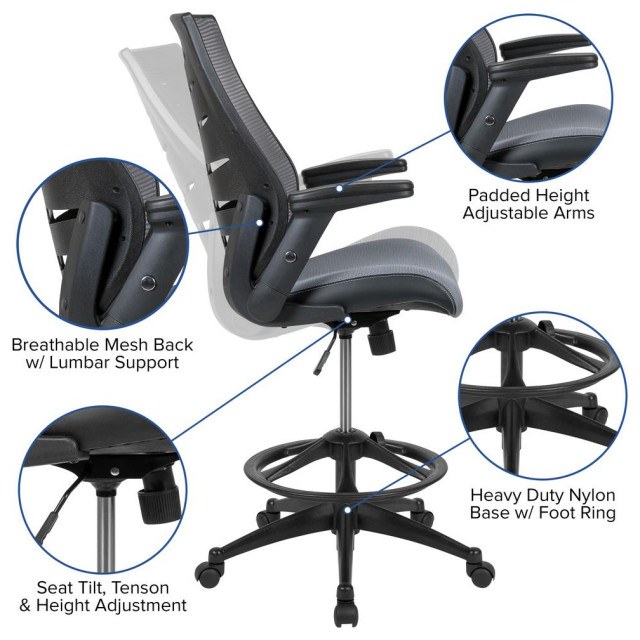 High Back Dark Gray Mesh Spine-Back Ergonomic Drafting Chair with ...