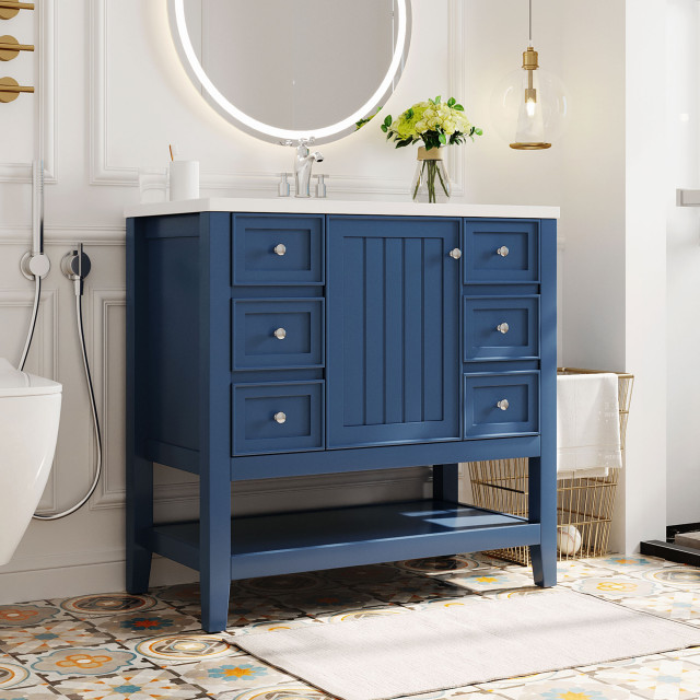 36 Inch Freestanding Bathroom Vanity Set in Blue with Drawers and ...