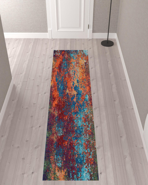 10' Blue and Orange Abstract Power Loom Runner Rug - Contemporary ...