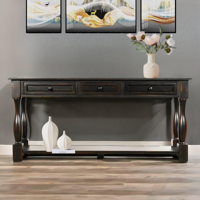 Black 64" Console Table With Drawers and Shelf - Traditional - Console ...