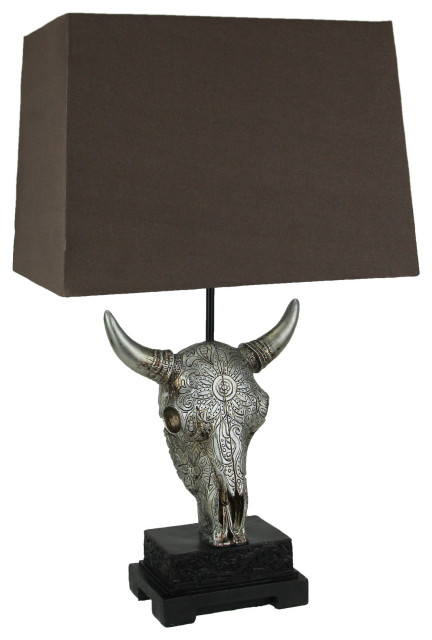 Ornately Carved Cow Skull Table Lamp with Brown Fabric Shade, One Size ...
