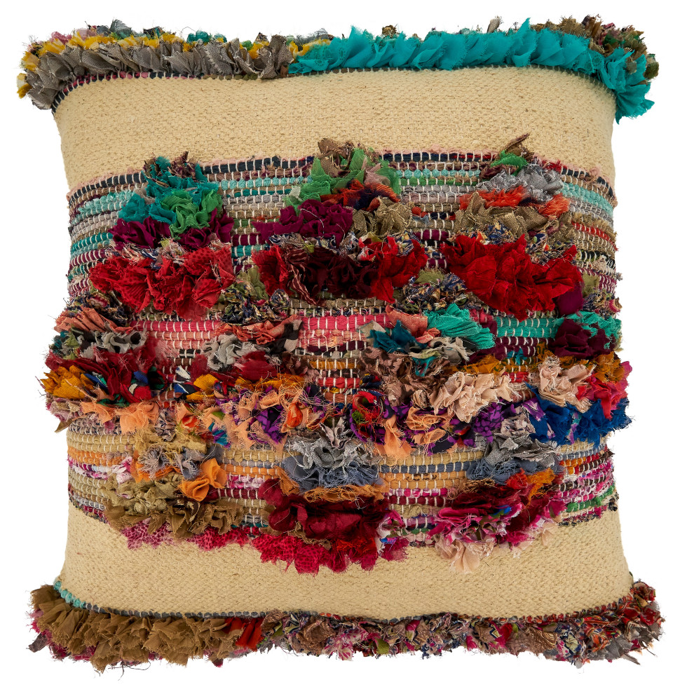 Chindi and Tassel Multi-Colored Throw Pillow With Down Filling, 22 ...