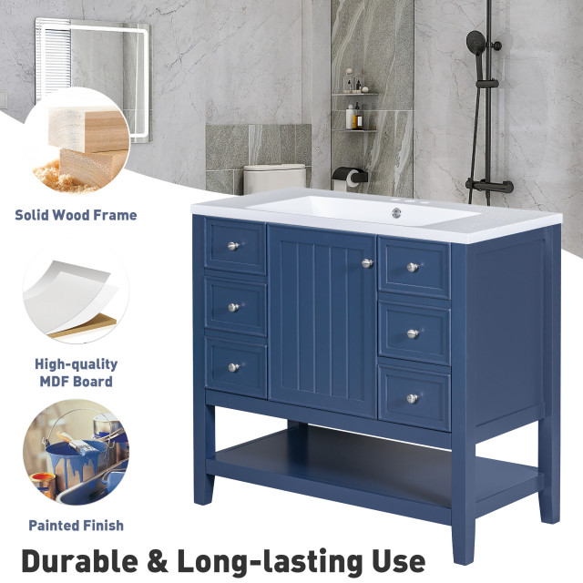 36 Inch Freestanding Bathroom Vanity Set in Blue with Drawers and ...