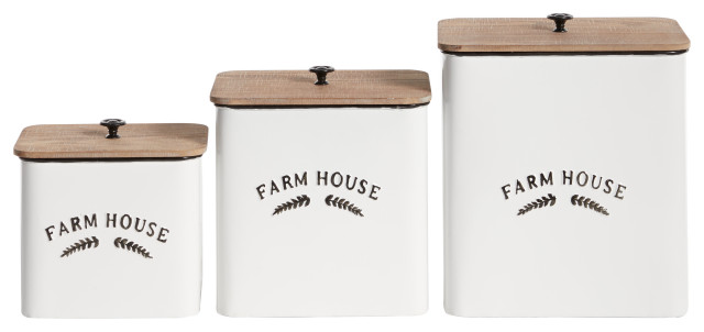 Farmhouse White Metal Canisters Set 46437, S/3 11", 9", 7"H - Farmhouse ...