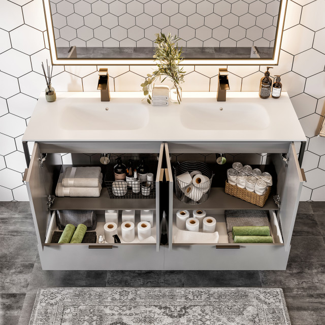 Eviva Moma 48" Grey Double Sink Bathroom Vanity With Black Metallic ...