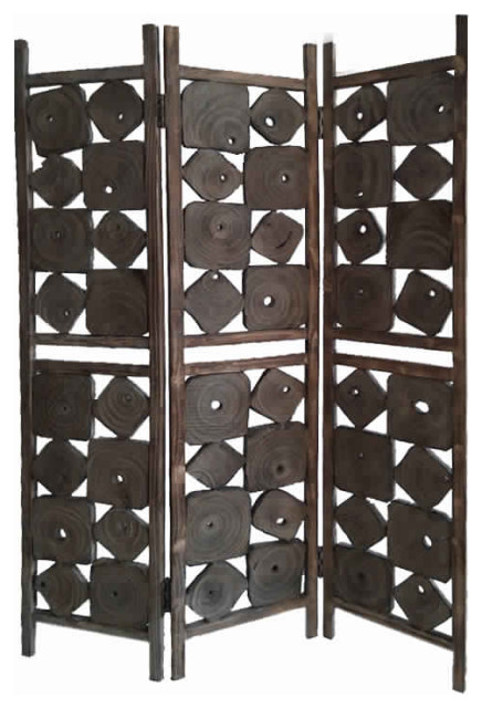 Benzara BM205887 3 Panel Wooden Screen with Square Log Cut Inset, Brown ...