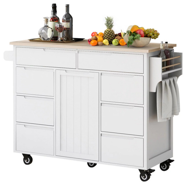 Large Kitchen Cart, Multiple Drawers & Cabinets With Natural Wood Top ...