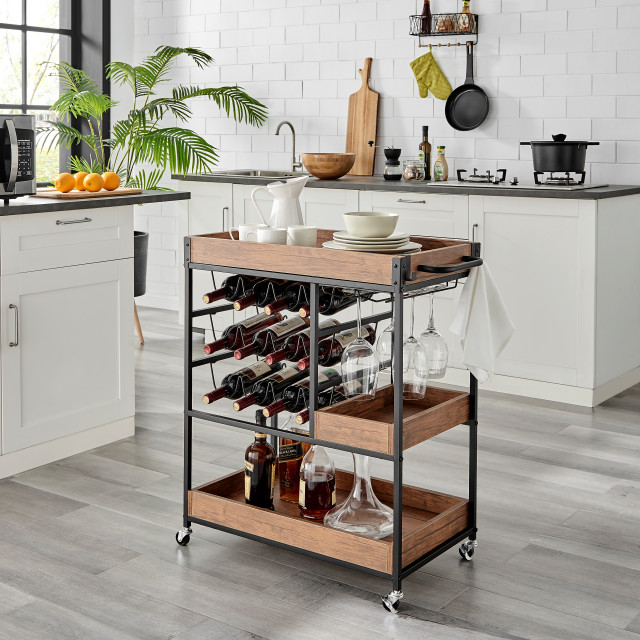 Rustic Walnut Veneer Rolling Farmhouse Wine Bar Cart With Bottle and ...
