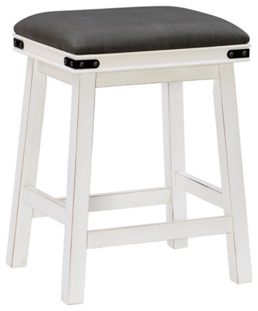 Linon Serrano 30" Wood Gray Faux Leather Backless Barstool in Off White Finish, 24 ...
