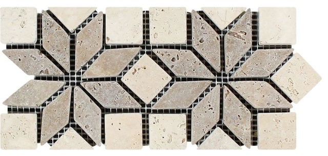 4"x12" Ivory Tumbled Travertine Caligraphic Border With Noce, 10 Pieces ...